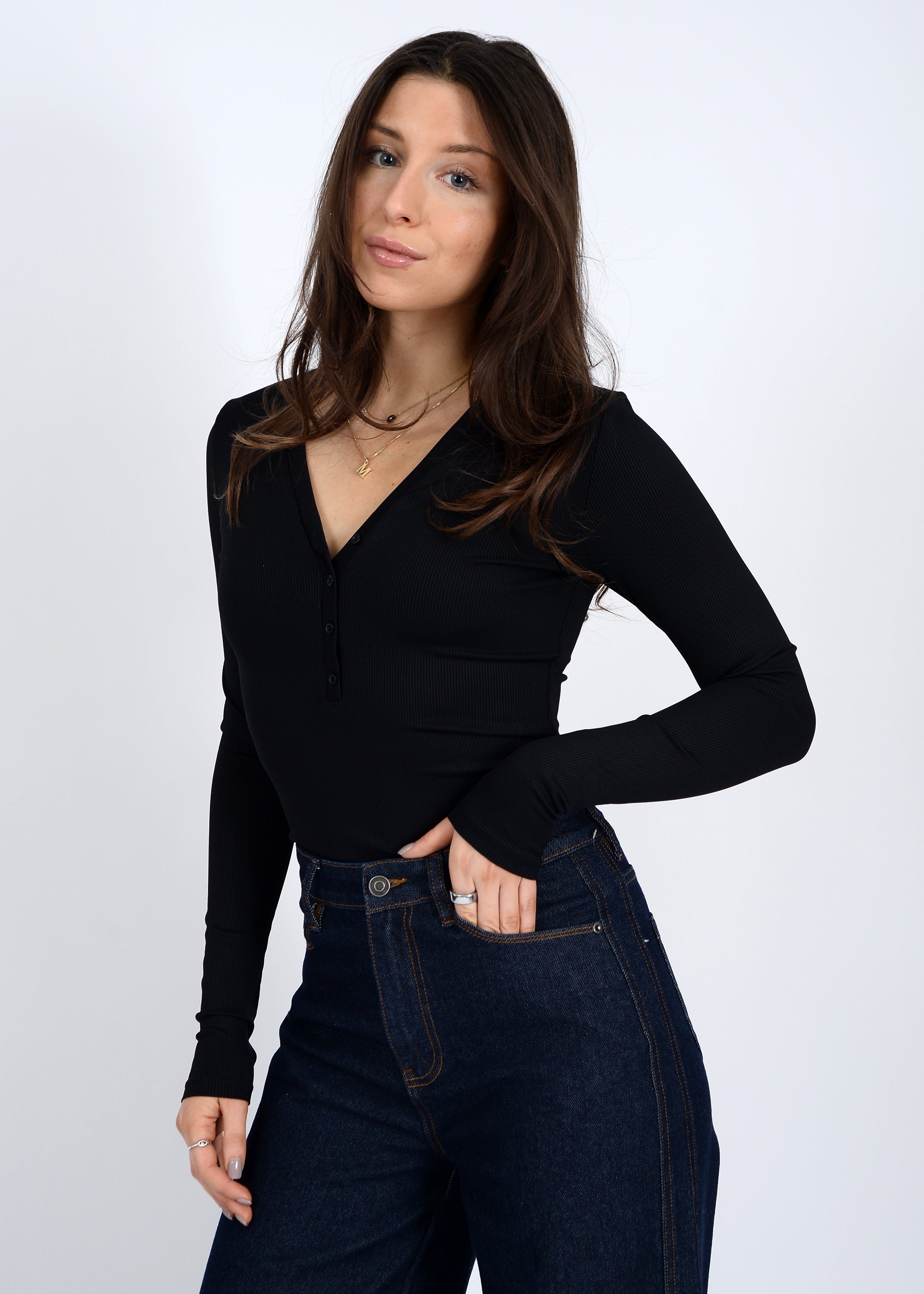 Helane Ribbed Henley Top Second Skin - Black | RD STYLE – Jolie Folie ...